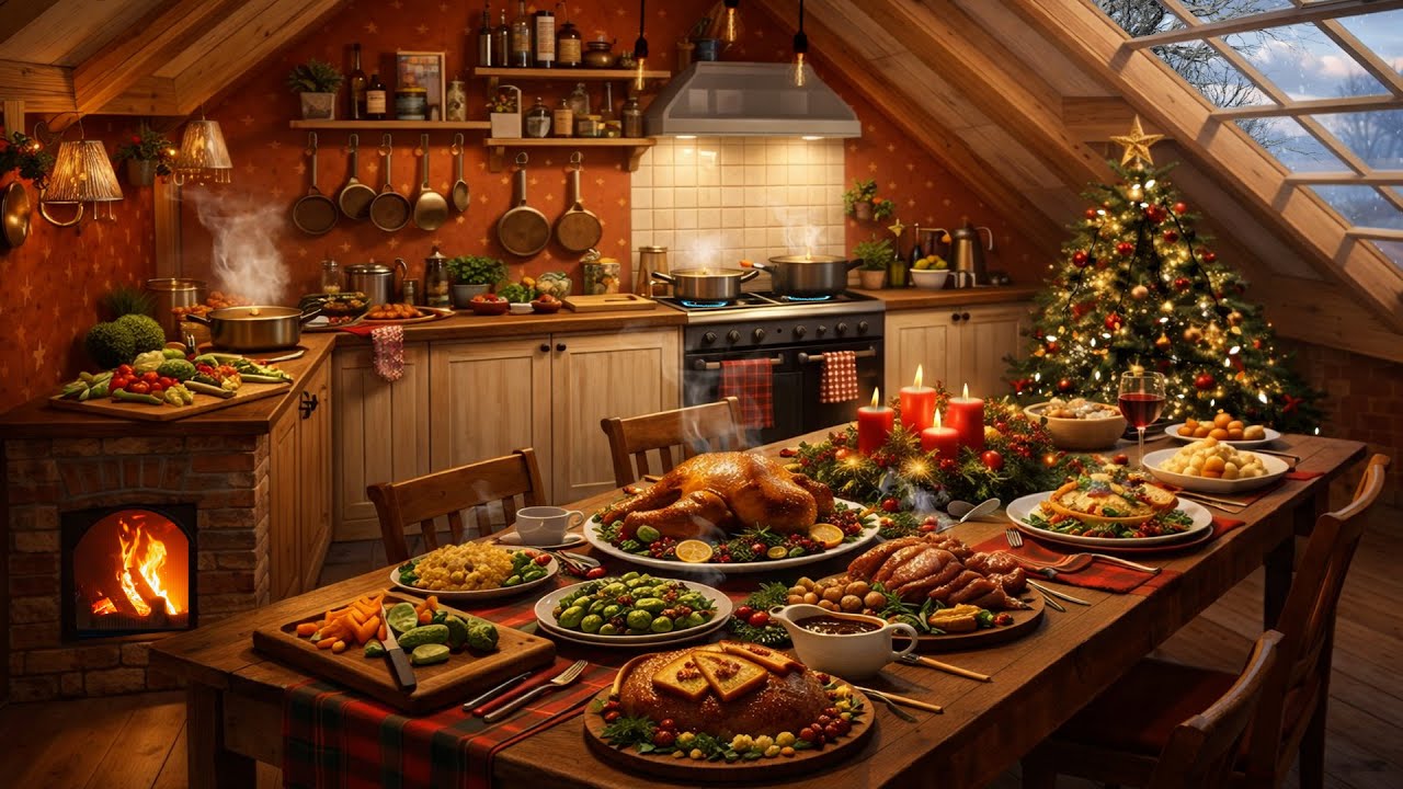 Cozy Christmas Fireplace Kitchen Ambience | Cooking, Baking & Winter ...