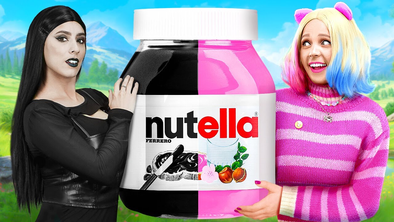 PINK VS BLACK Food Challenge! Wednesday VS Enid Eating Only 1 Color ...