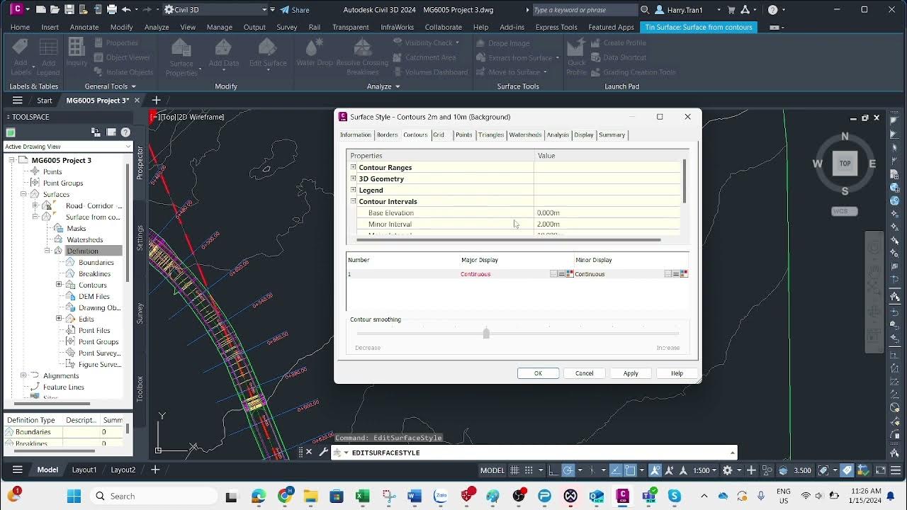 Civil 3D Existing ground surface contours setting - YouTube