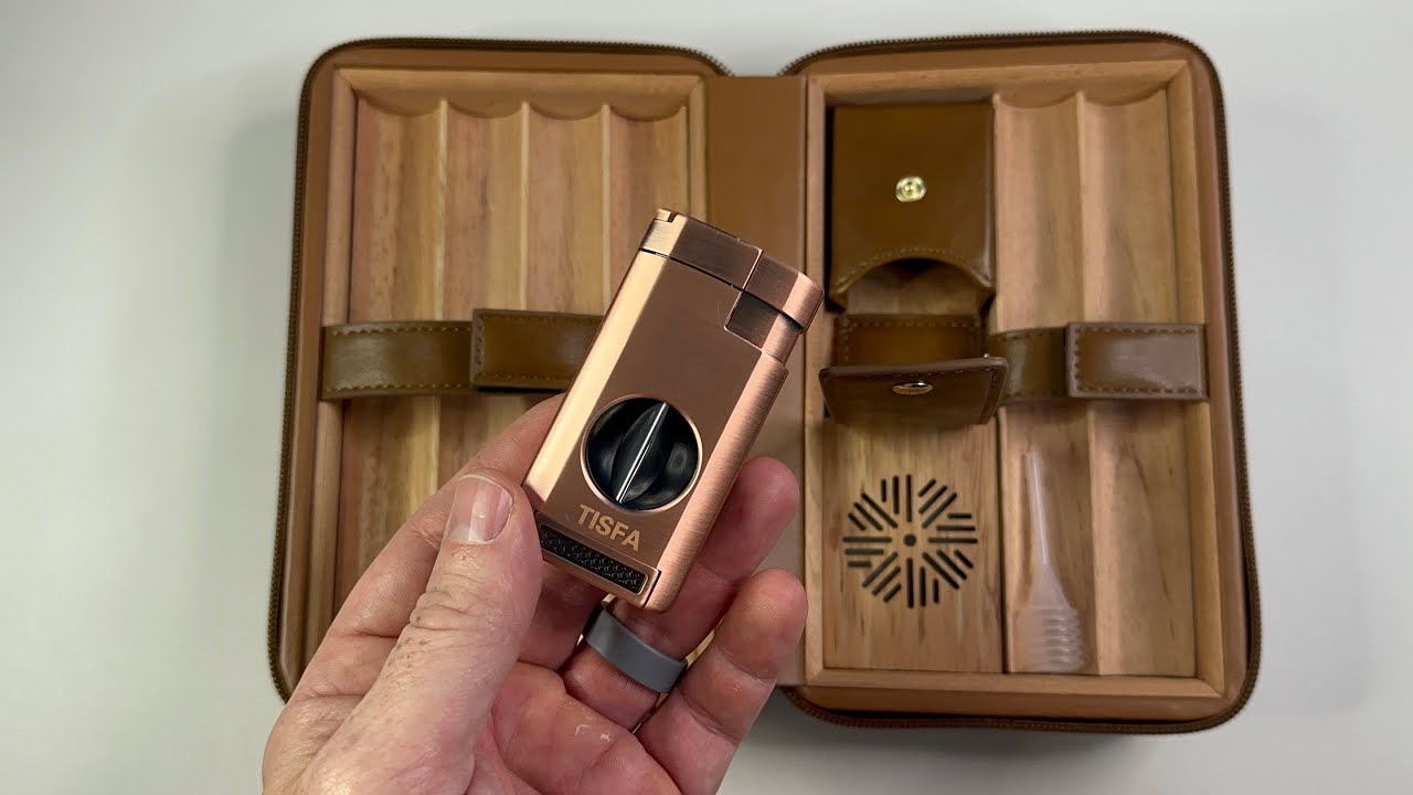 TISFA Leather Cigar Humidor & V-Cup Cigar Light - 1 Minute Review - YouTube