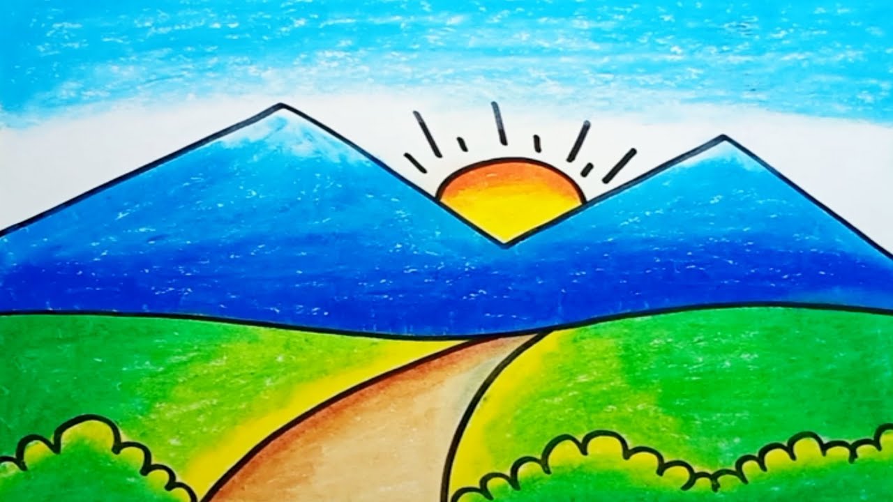 How To Draw Mountain Scenery Easy With Crayons |Drawing Mountain ...