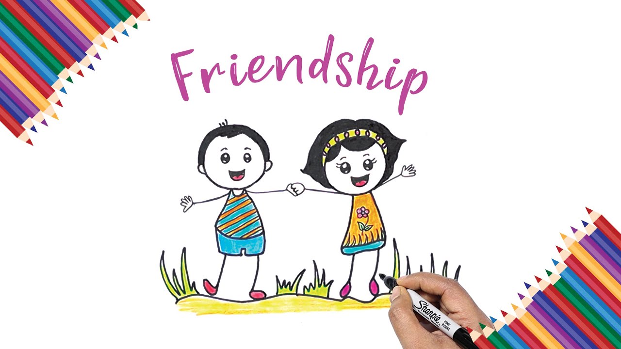 Easy and Cute Friendship Drawing | Step By Step - YouTube