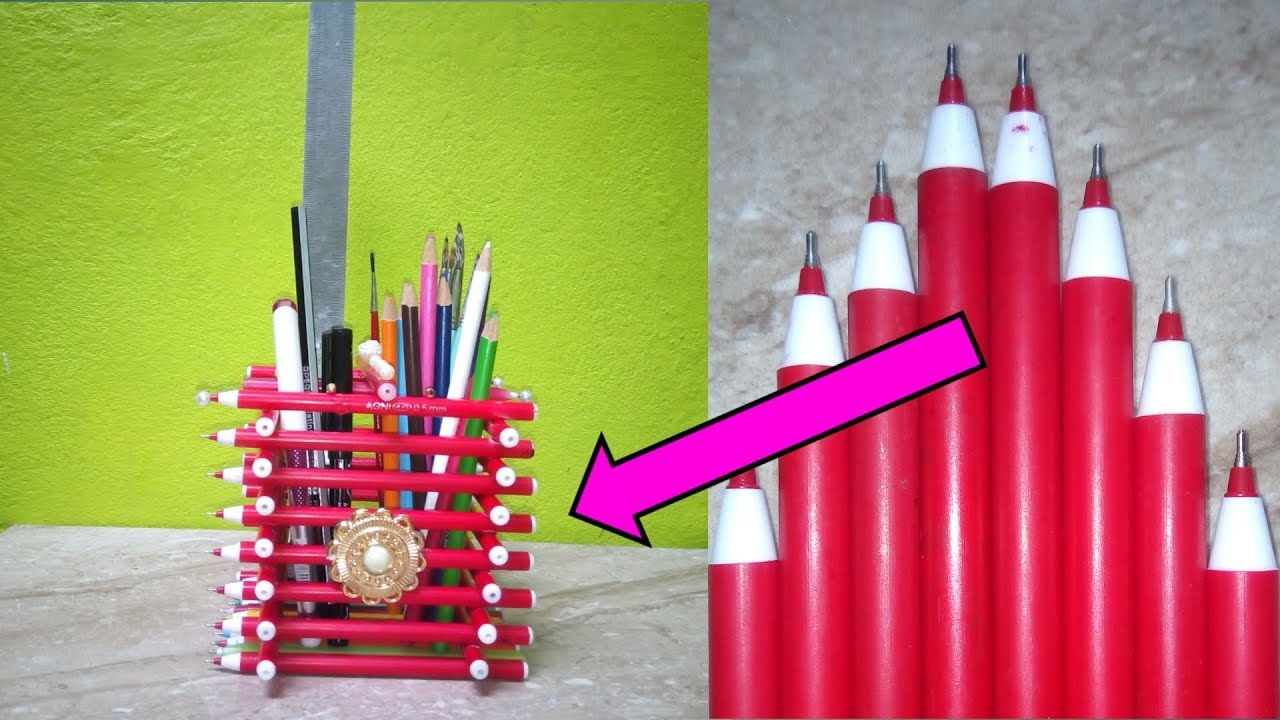 How to make a beautiful pen stand with use & waste pens let's see 👉 ...