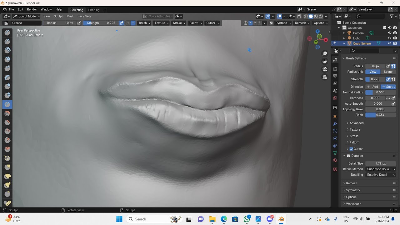 sculpting lips || blender day 22 || whole night working | stay up - YouTube
