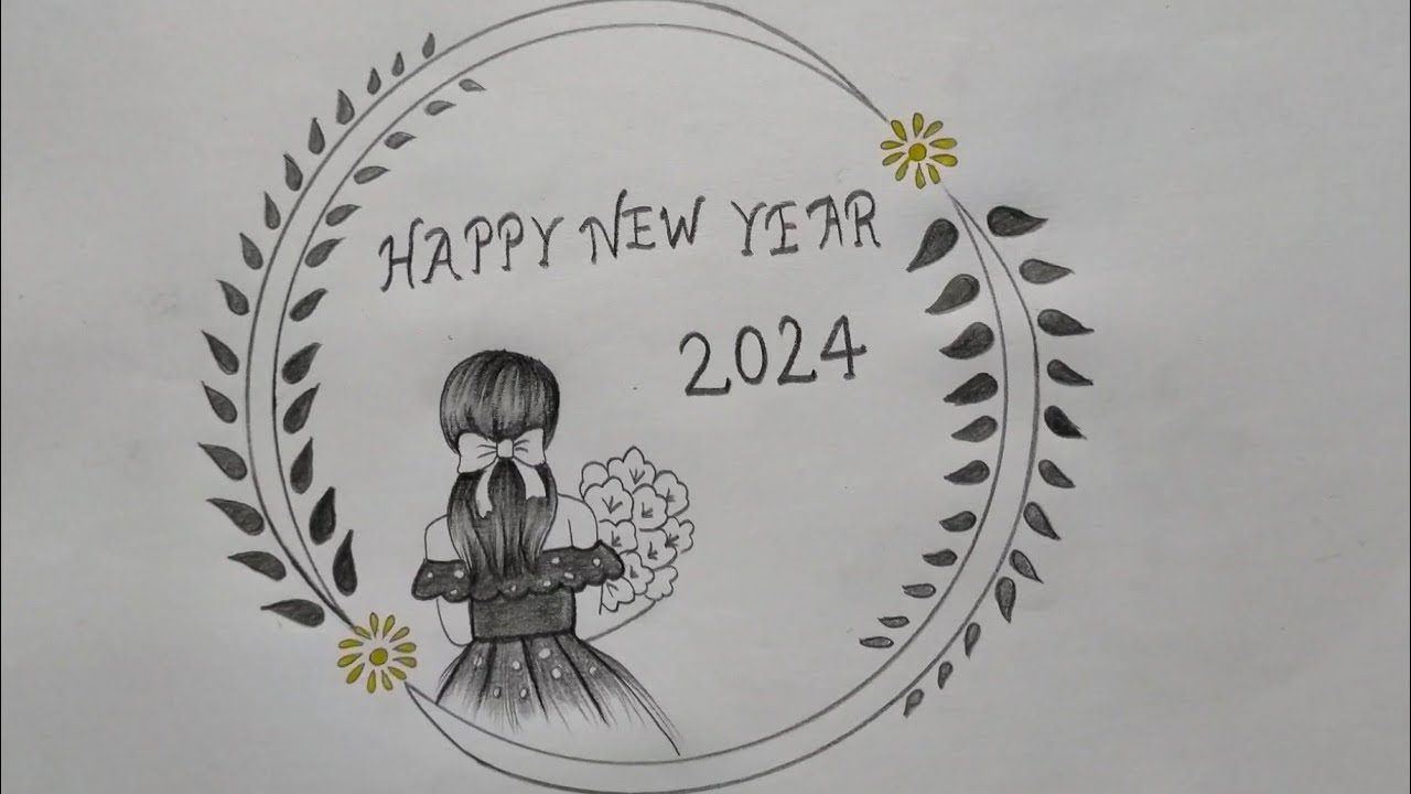 Happy New Year 2024 🎉Drawing Easy || How To Draw Happy New Year Pencil ...