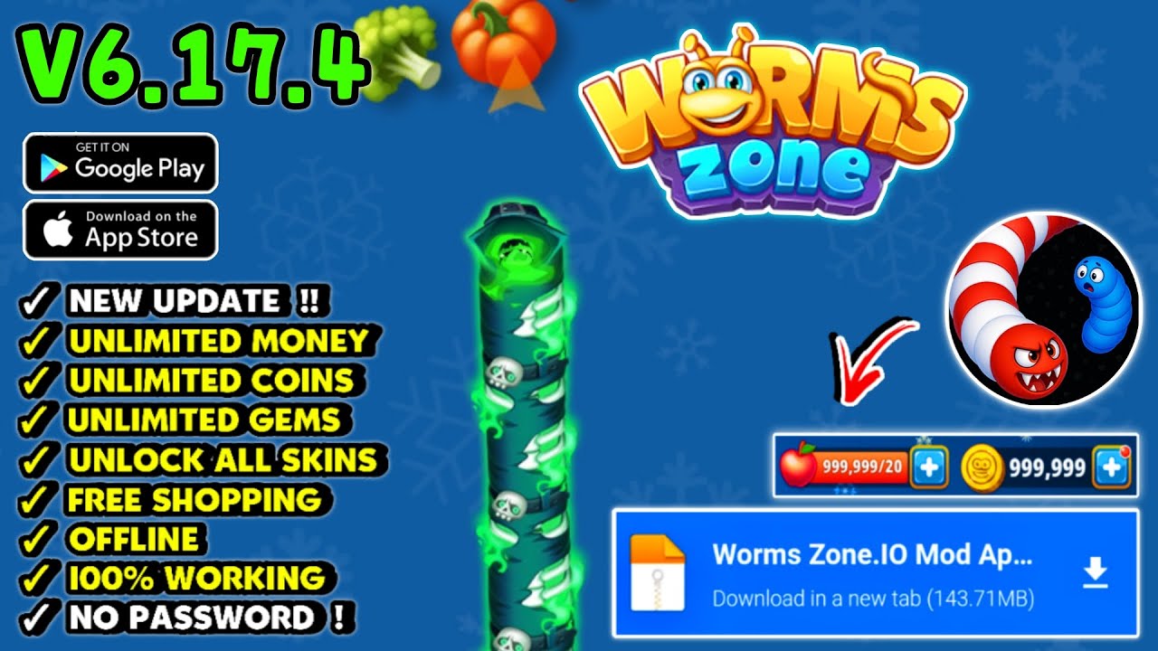 Worms Zone io Mod Apk v6.17.4 | Unlimited Money & Unlock All Skin - YouTube