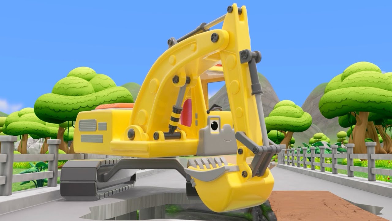 Excavator lays planks over pit - YouTube