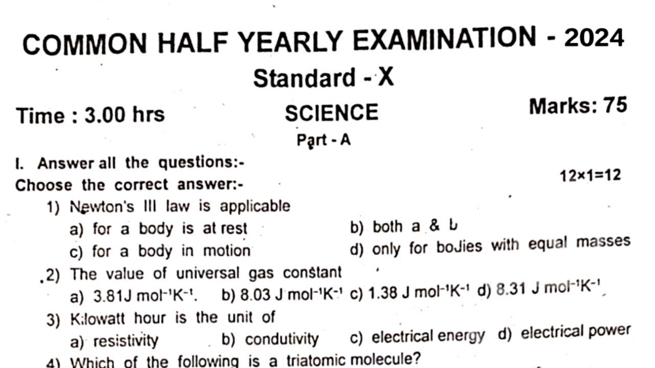 10th Science Half yearly Exam Question paper 2024|English Medium - YouTube