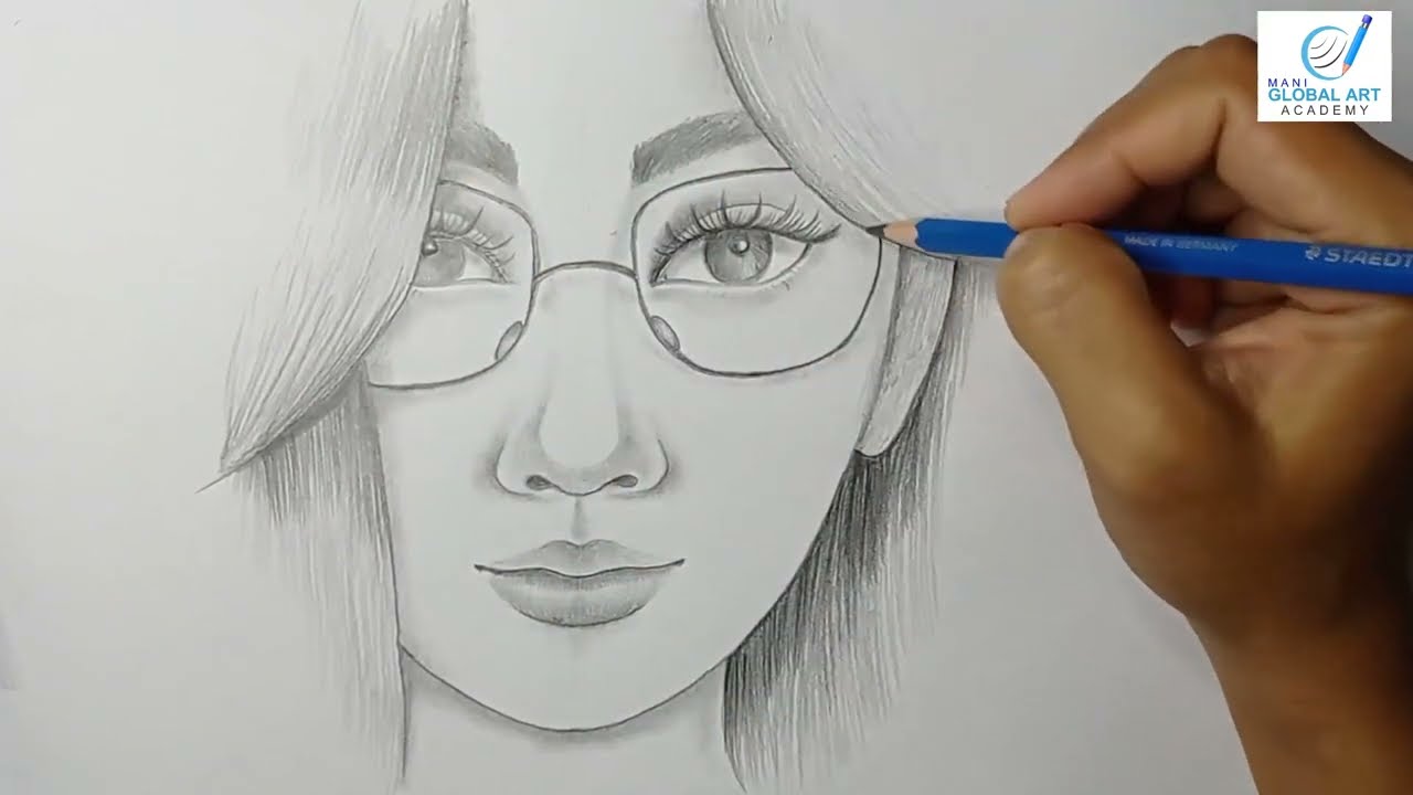 Girl with spects | Step by Step Drawing for beginner | Front face ...