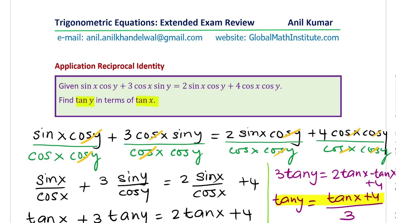 Trigonometric Identity and Exam Review sin⁡x cos⁡y+3 cos⁡x sin⁡y=2 sin ...