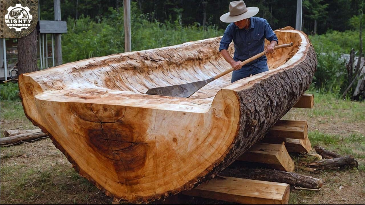 Man Turns a Giant Log into a Beautiful Canoe Boat | Start to Finish By ...