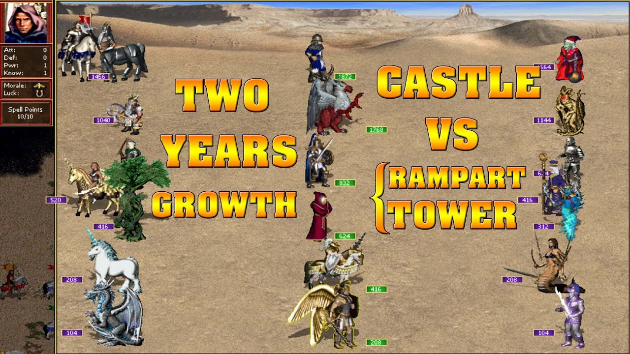 Heroes 3 COMBAT Two years growth Castle vs Rampart and Tower - YouTube