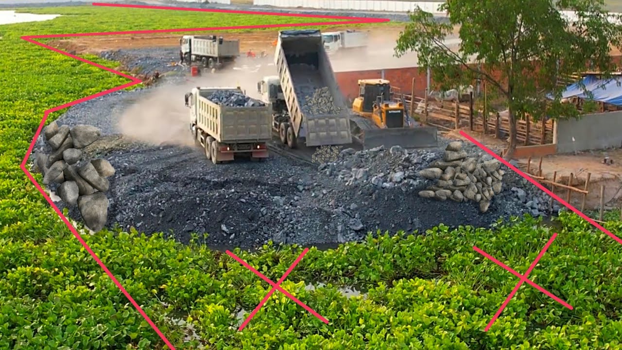 REALLY GREAT STONE TRUCK POURING IN WATER TO DELETE, BULLDOZER SHANTUI ...