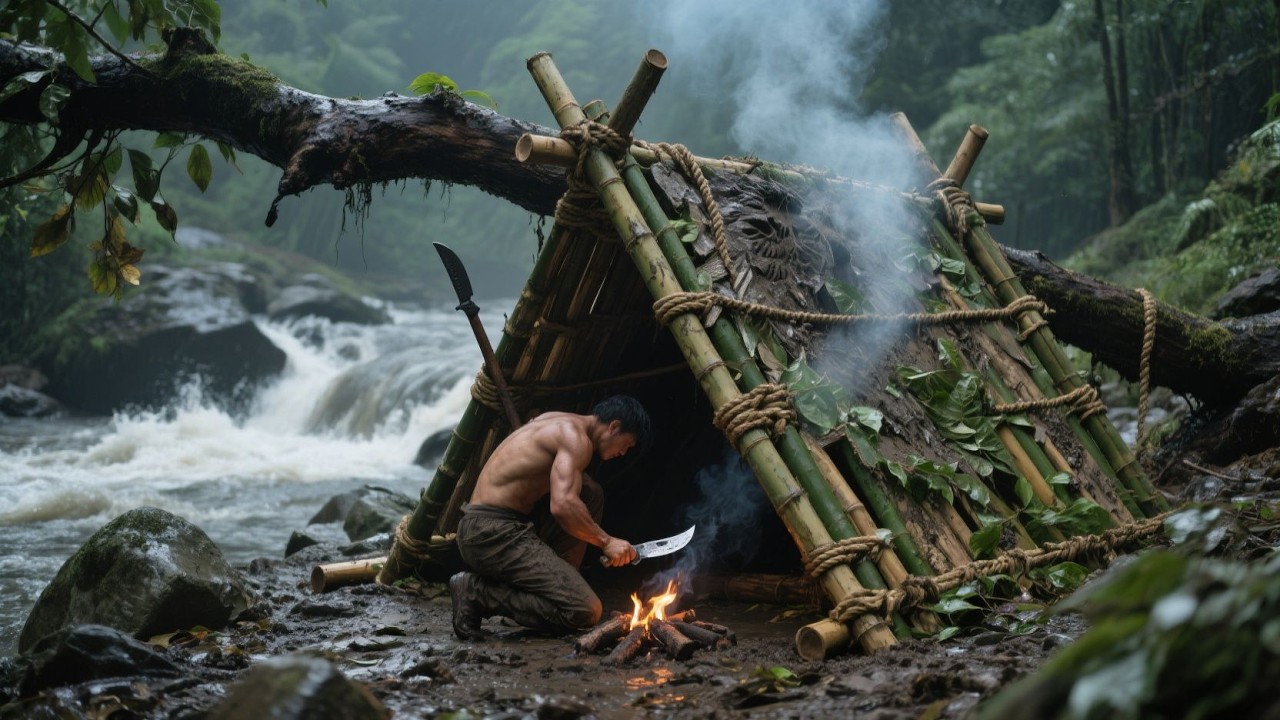 Building an Epic A-Frame Shelter on a Fallen Tree Over a Wild River ...