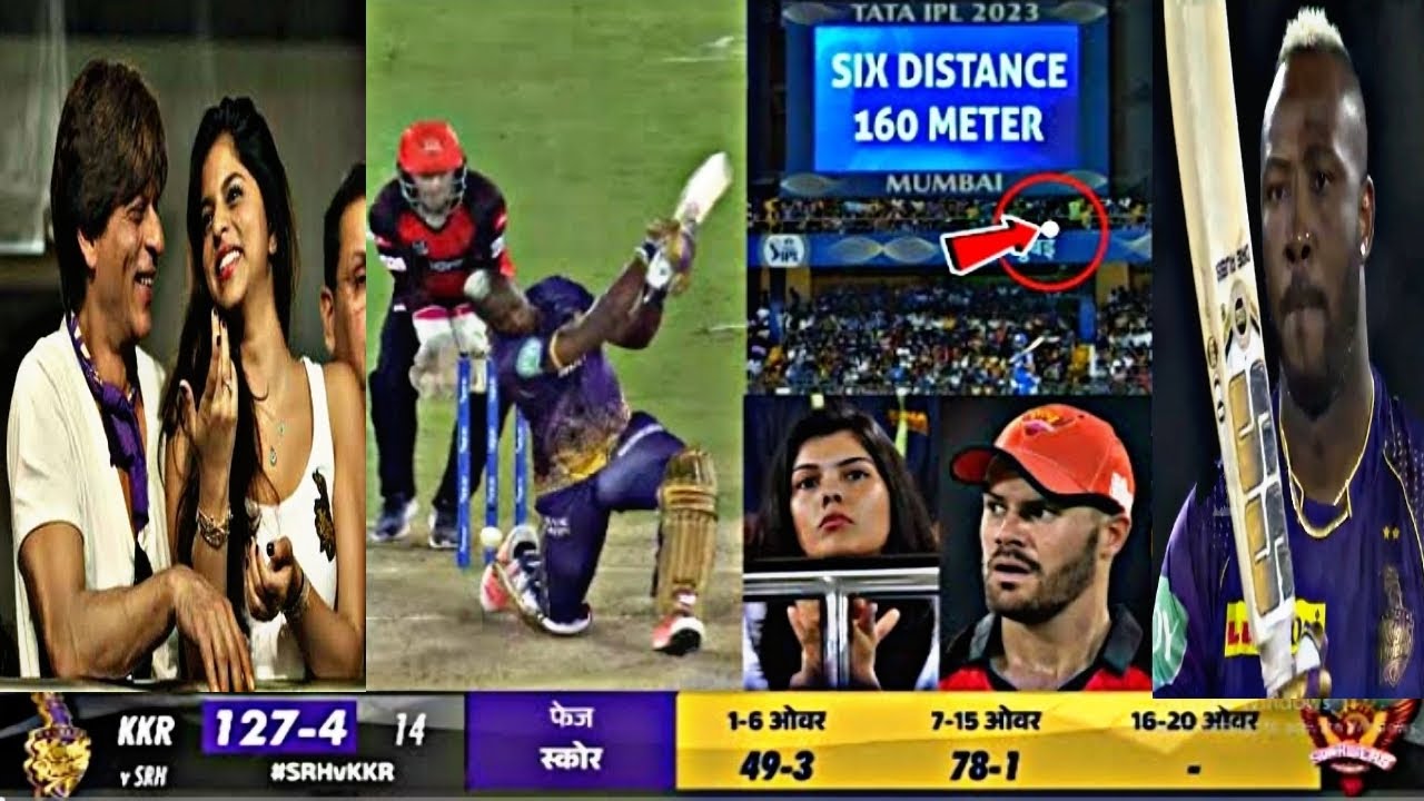 Shahrukh,Suhana Khan amazing reaction on Russell when he hit 150M six in KKR vs SRH match - YouTube