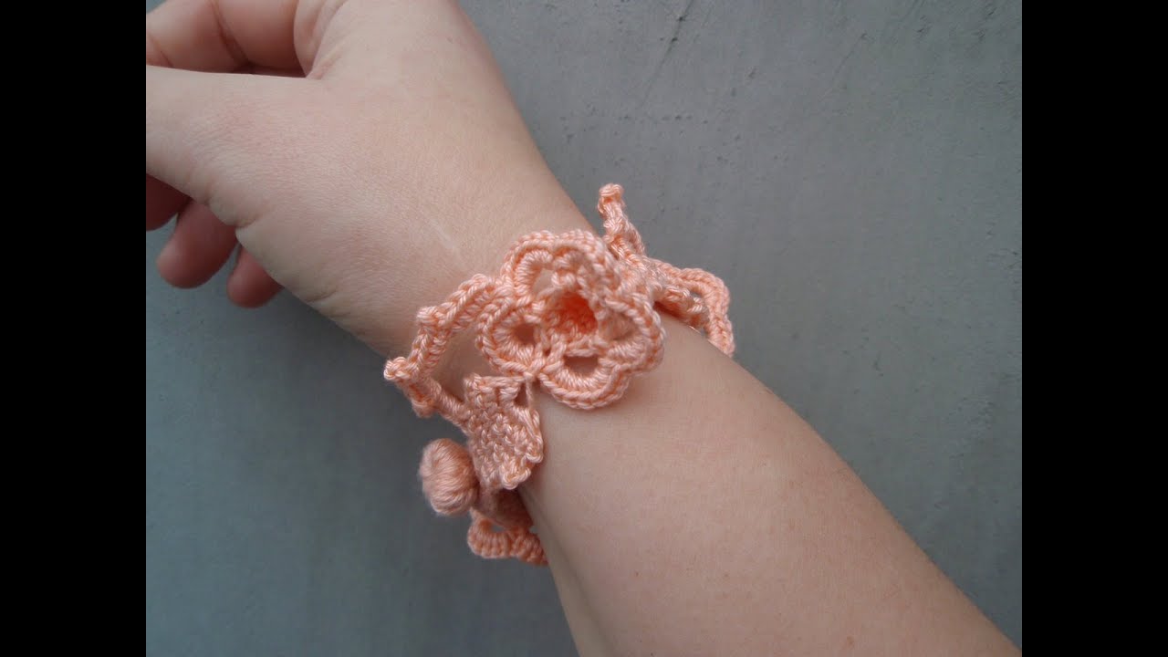 Crochet Bracelet with flower and leaf - YouTube