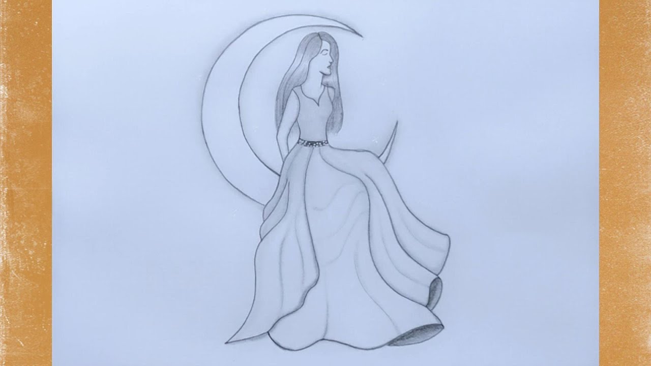 How to Draw A Beautiful Girl And Sitting on the Moon | Step-by-Step ...