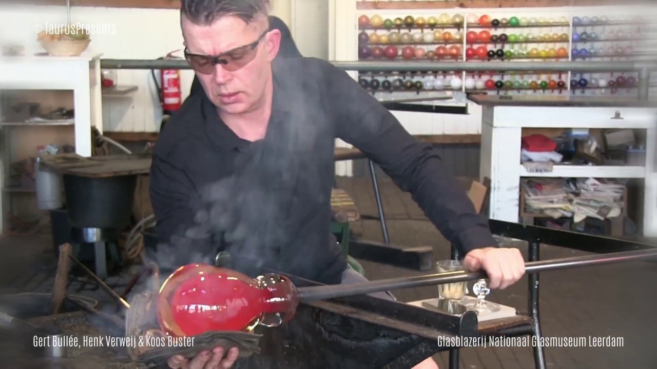 Gert Bullée Henk Verweij Koos Buster making a big glass blown water ...