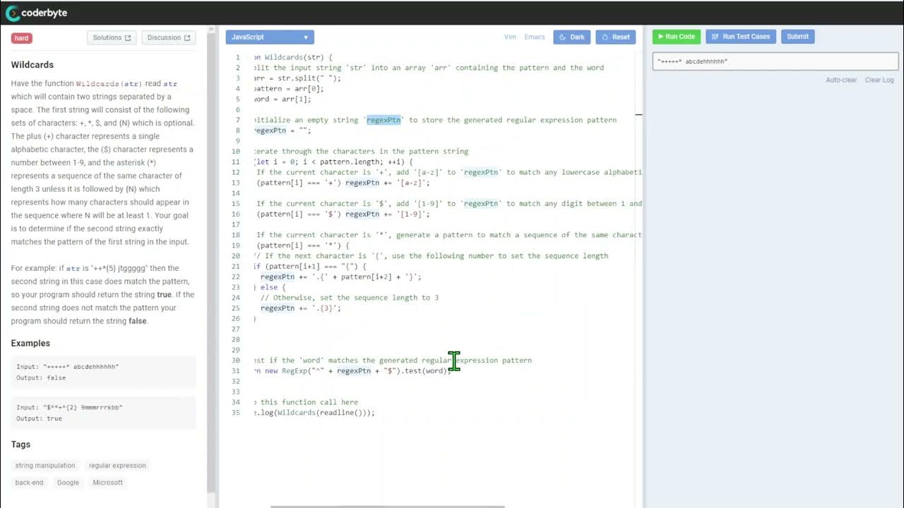 Wildcards Interview Assessment Coderbyte Code Challenge Solution Source Code Answers Youtube 3338