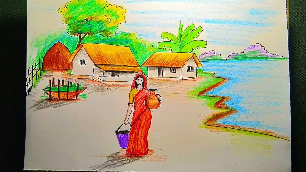 gramin drishya ankon /how to draw village scenery with figure - YouTube