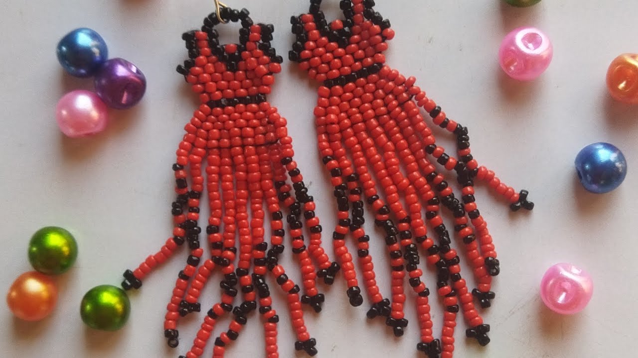 DIY beaded red dress 👗 earrings making😱||how to make seed beads ...