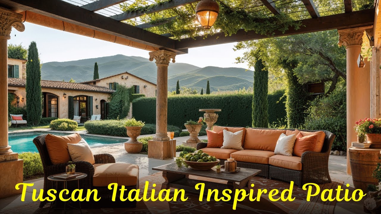 Italian Inspired Patio Tuscan Stone Terracotta Vines Water Features and ...