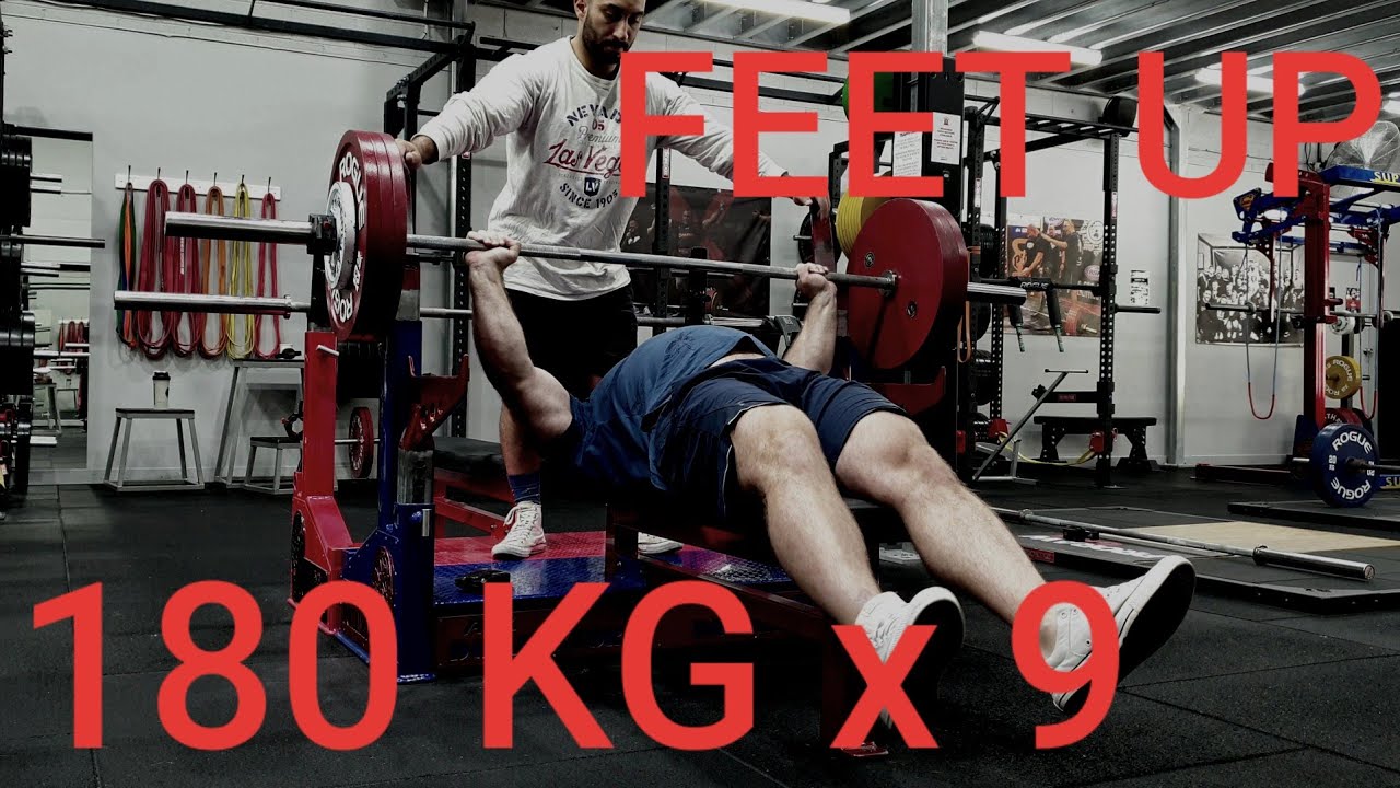 Bench Press 180 kg x 9 - Feet up - YouTube