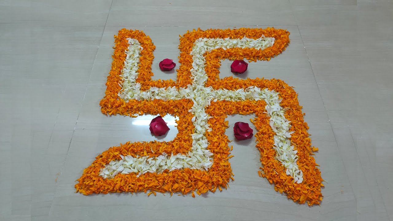 Super Easy Swastik Rangoli Design | Creative Rangoli by Flowers - YouTube