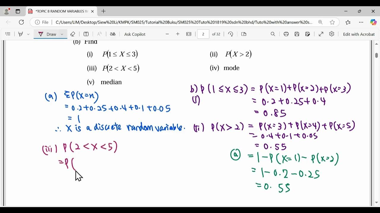 T8 Q2 DRV f(x): Show Discrete Random Variable, Find Probability, Mode & Median SM025 - YouTube