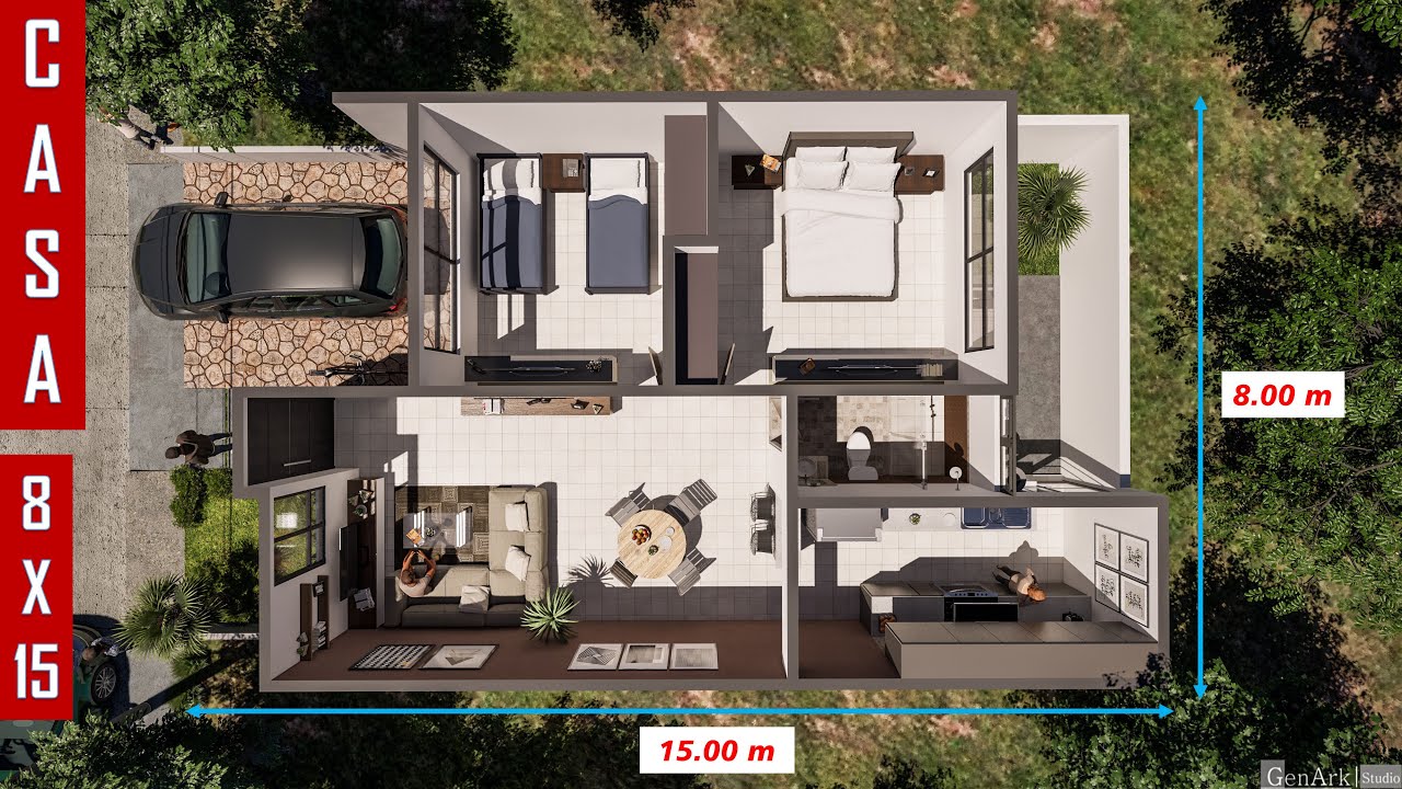 Plano De Casa 8 X15 Metros 1 Piso 2 Cuartos Dise o Minimalista
