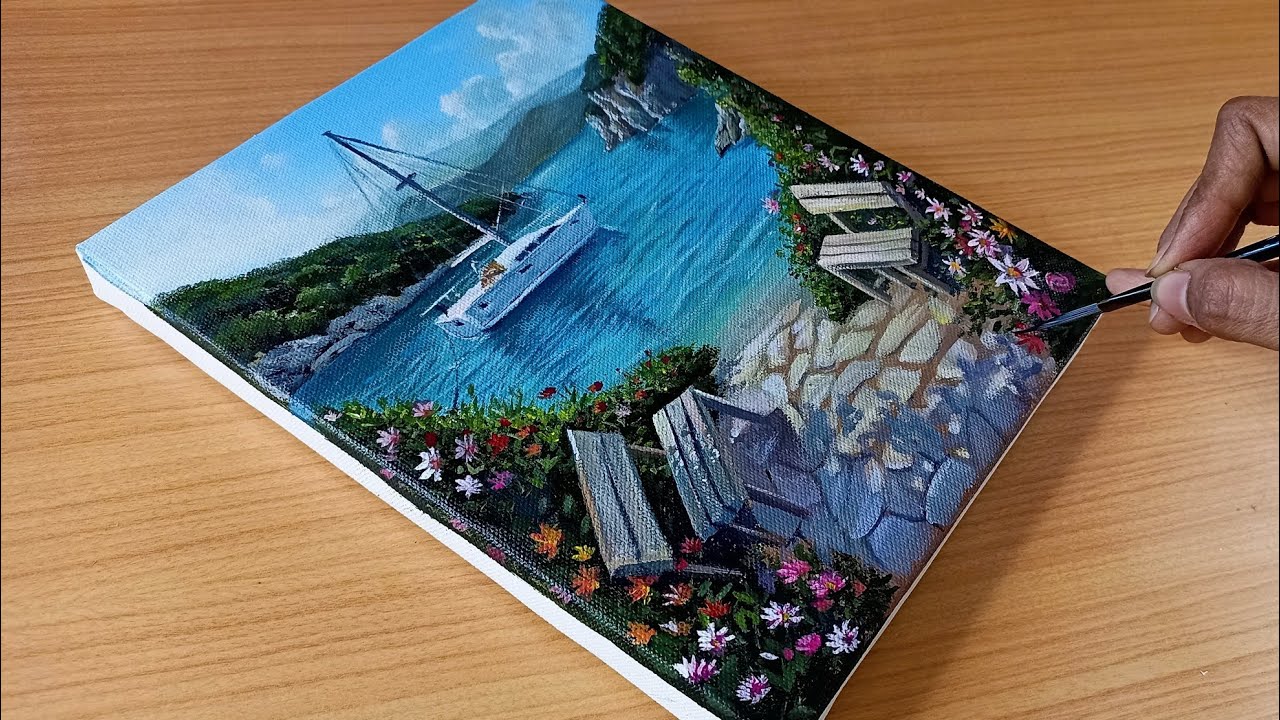 How to Draw a Beautiful Beach//Easy way to paint a Seaside//Acrylic ...