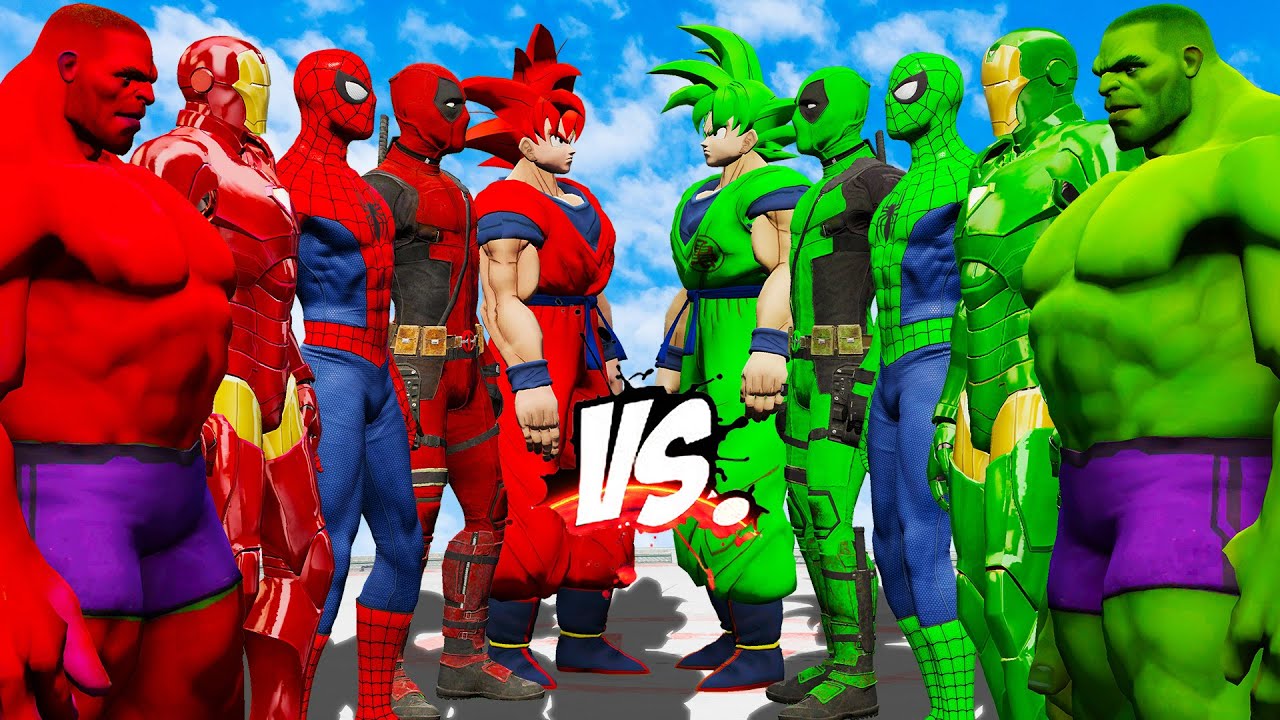 TEAM SUPERHEROES RED VS TEAM SUPERHEROES GREEN (SPIDER-MAN, HULK, GOKU ...