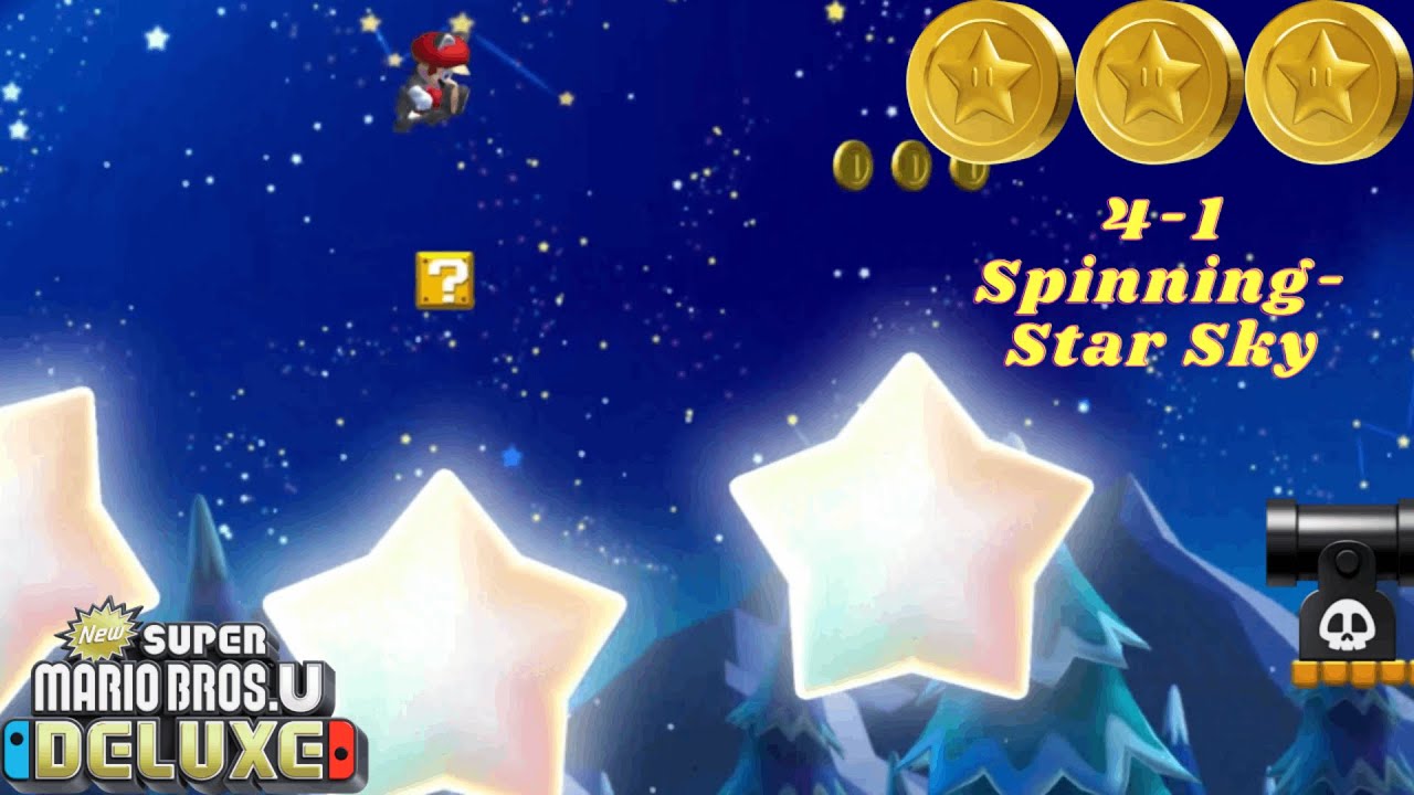 [New Super Mario Bros. U Deluxe] 4-1 Spinning-Star Sky All 3 Star Coins ...