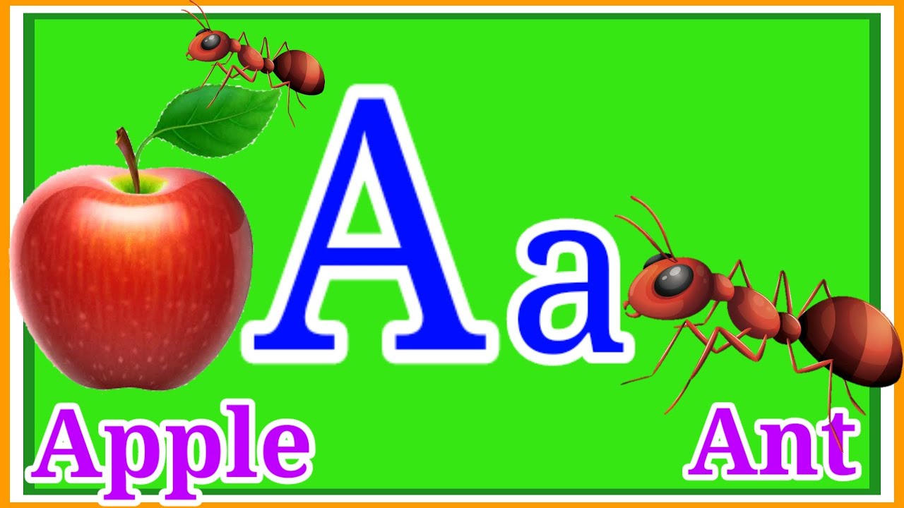 A for apple 🍎, A for Ant 🐜, B for ball, B for bat, two words English ...