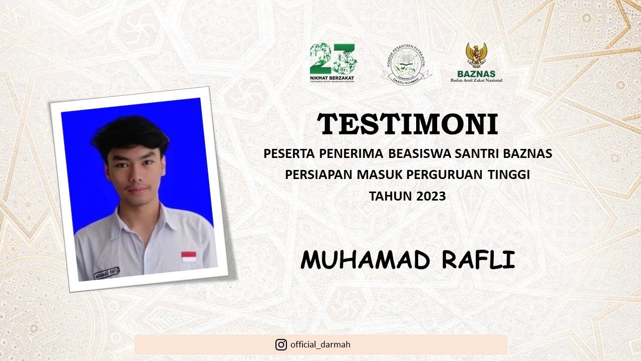 TESTIMONI MUHAMAD RAFLI _ PENERIMA BEASISWA SANTRI BAZNAS 2023 - YouTube