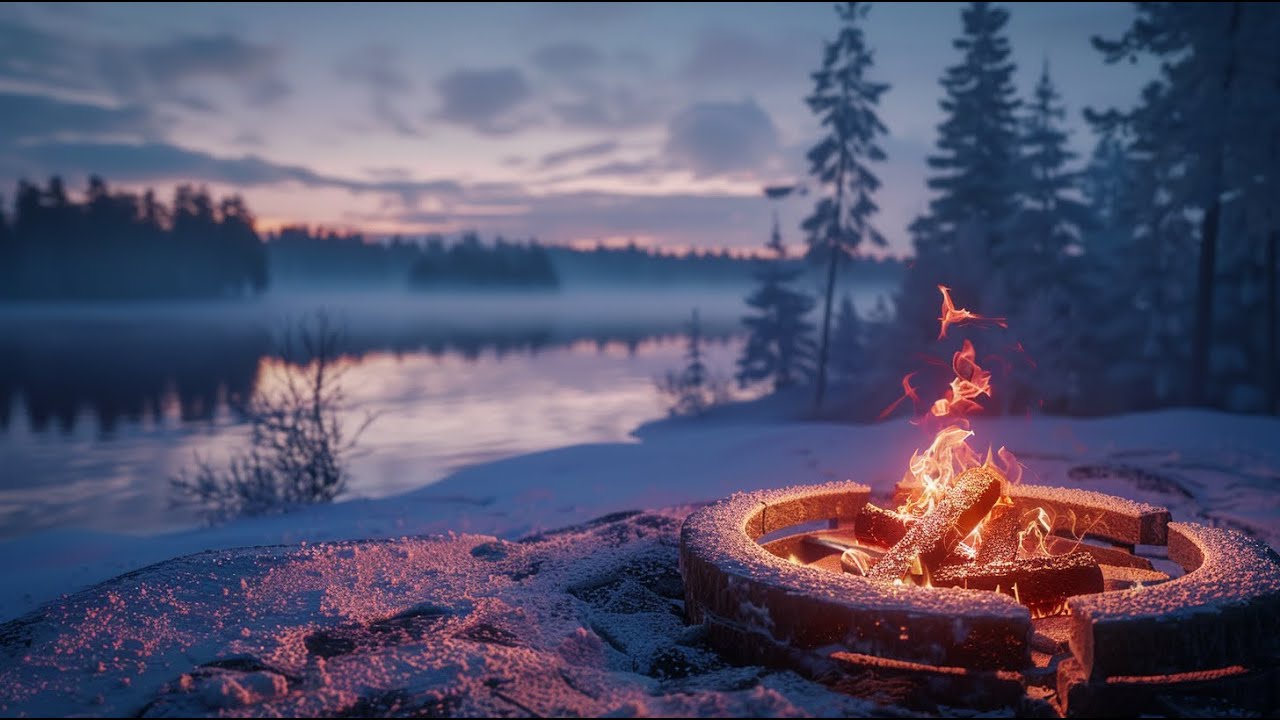 Snowflakes & Firelight — Peaceful Lakeside Fireplace Ambience 4K UHD ...