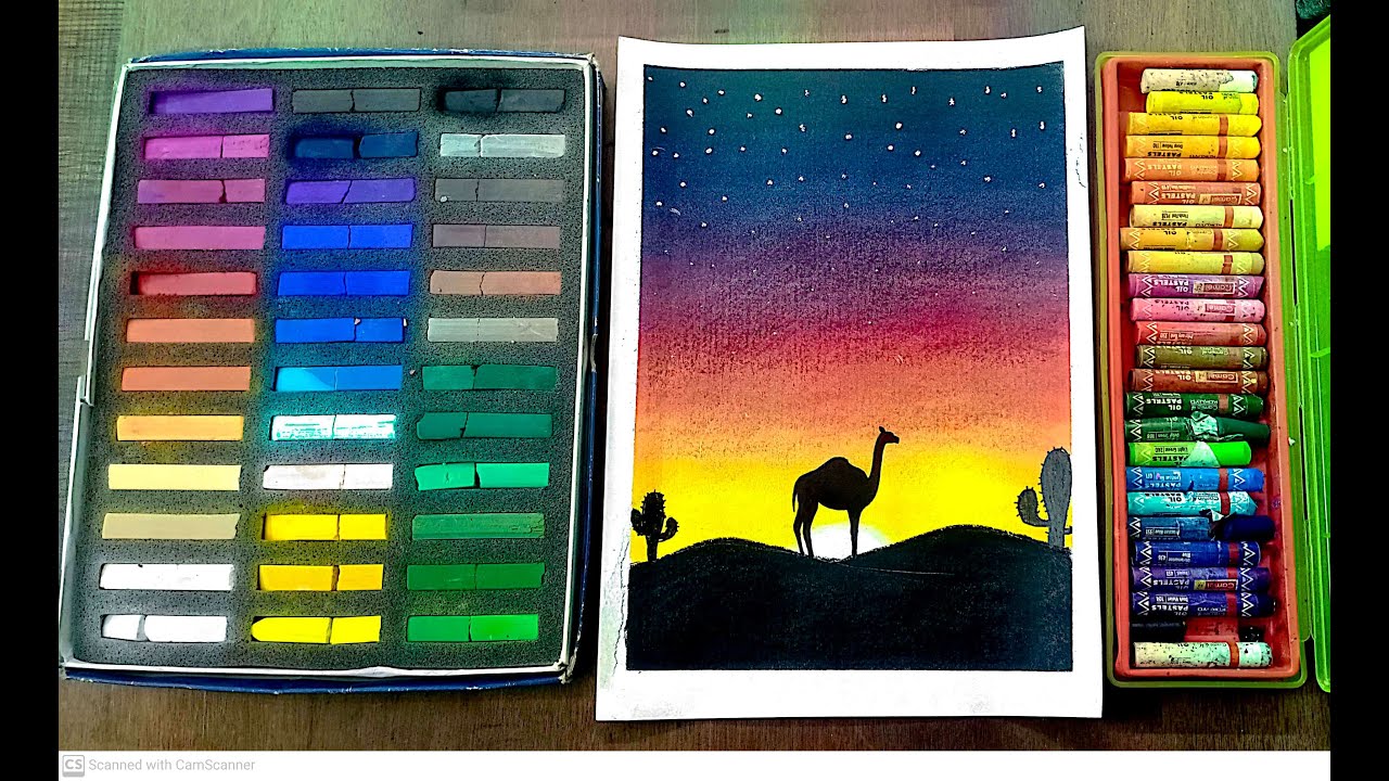 Easy Camel Drawing with beautiful sunset by Oil and Soft pastel | Step ...
