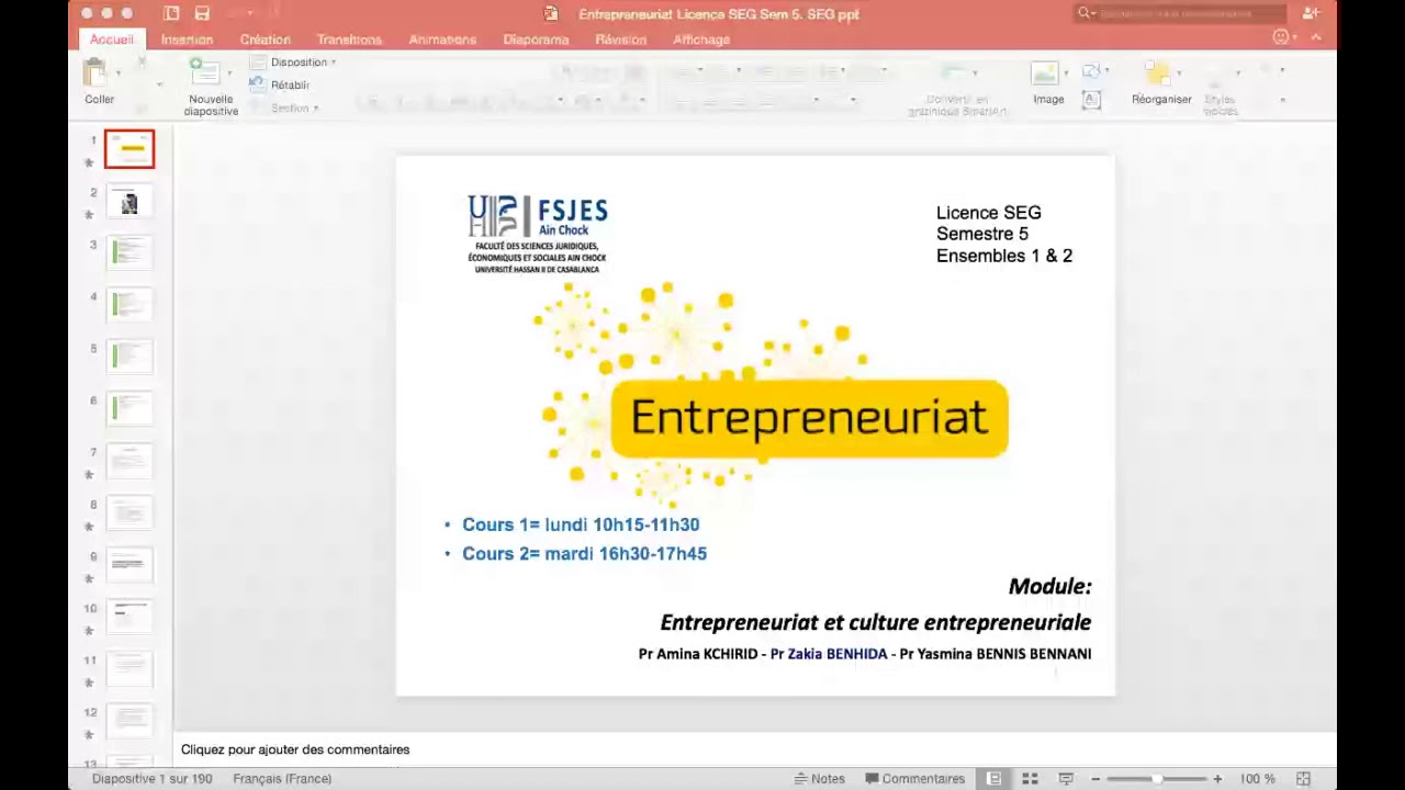 ENTREPRENEURIAT Pr : ( YASMINA BENNIS BENNANI, ZAKIA BENHIDA, AMINA ...