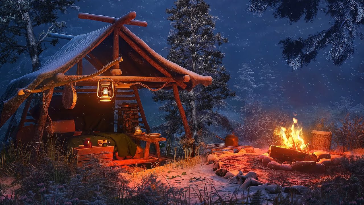 Cozy Campfire | SNOW and STORM Camping in Wood TENT that is more cosy ...