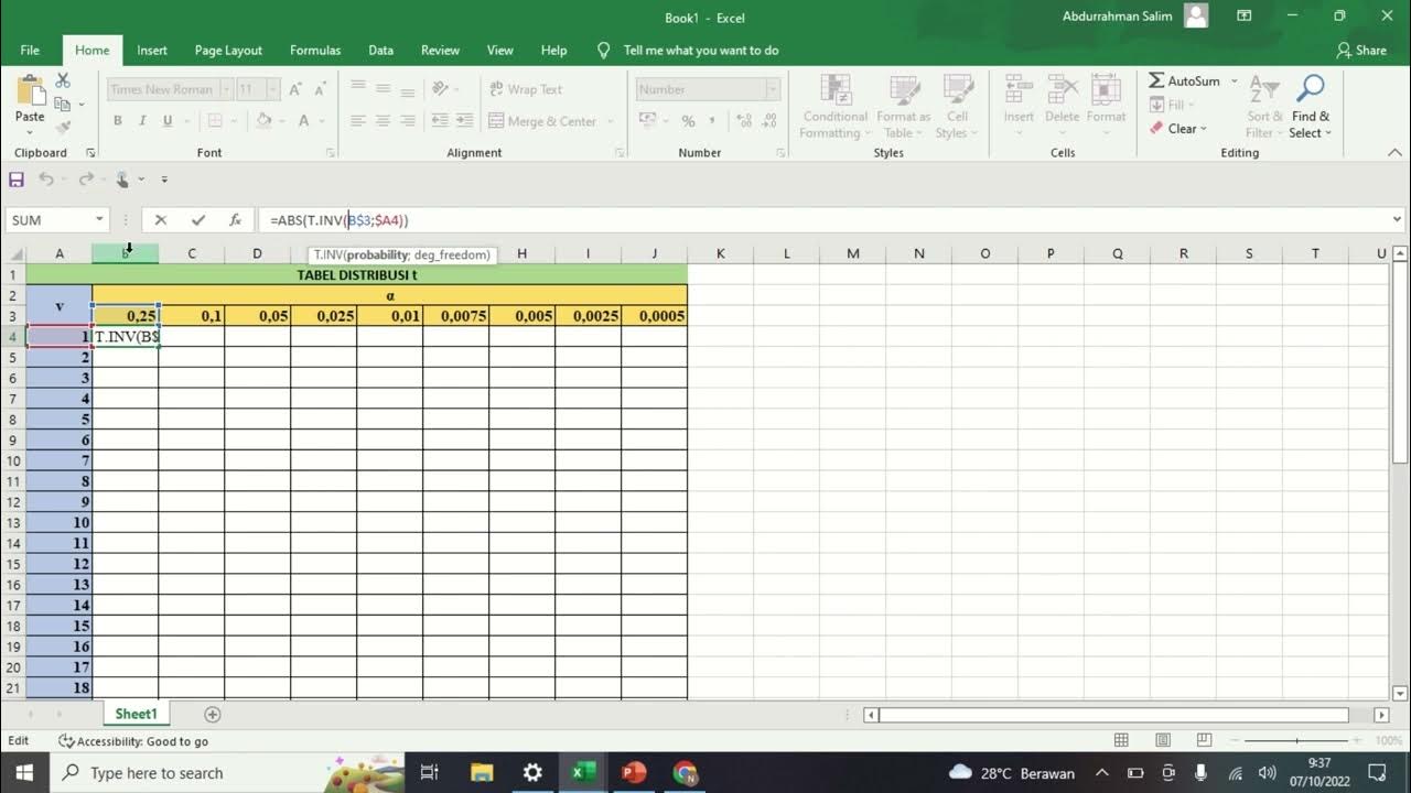 [Tutorial] Membuat Tabel Distribusi t Menggunakan Ms.Excel - YouTube