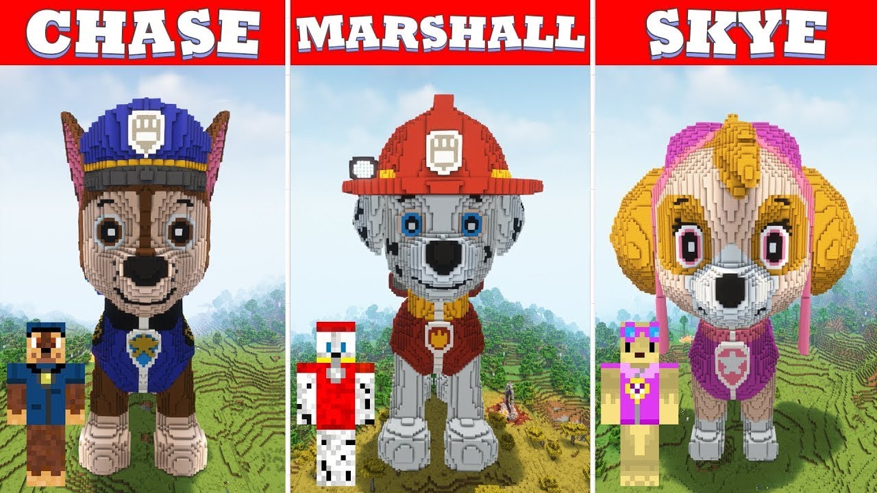 PAW PATROL CHASE VS MARSHALL VS SKYE MINECRAFT BUILD CHALLENGE ...