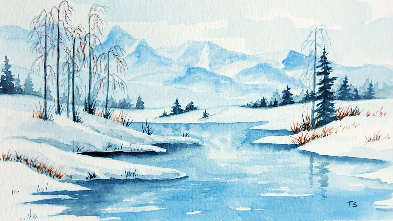 Beginners Friendly Easy Winter Watercolor Landscape Painting - YouTube