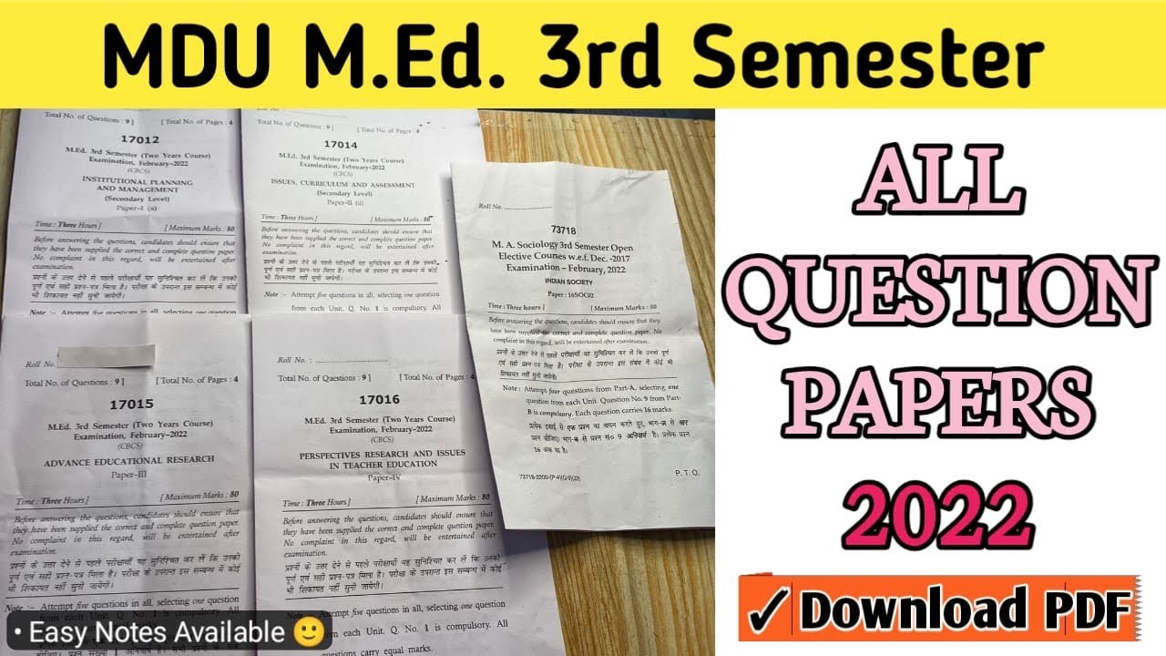M.Ed. All Subjects Question Paper 2022 MDU 3rd Semester - YouTube