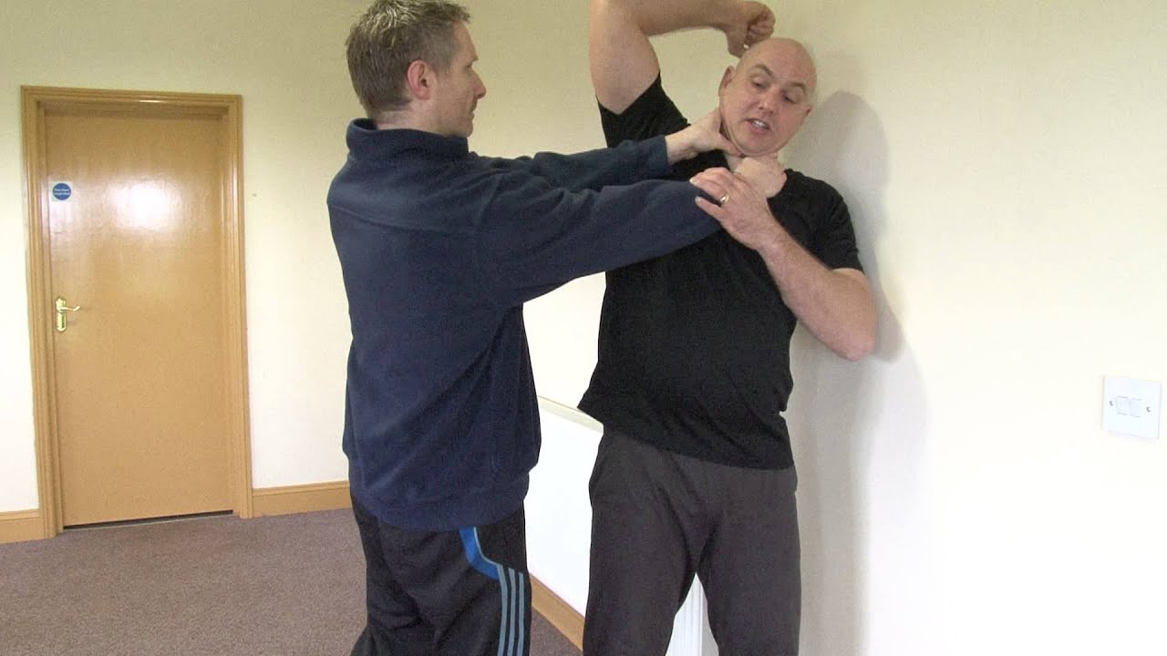 Self Defence technique - throat grab against the wall - YouTube