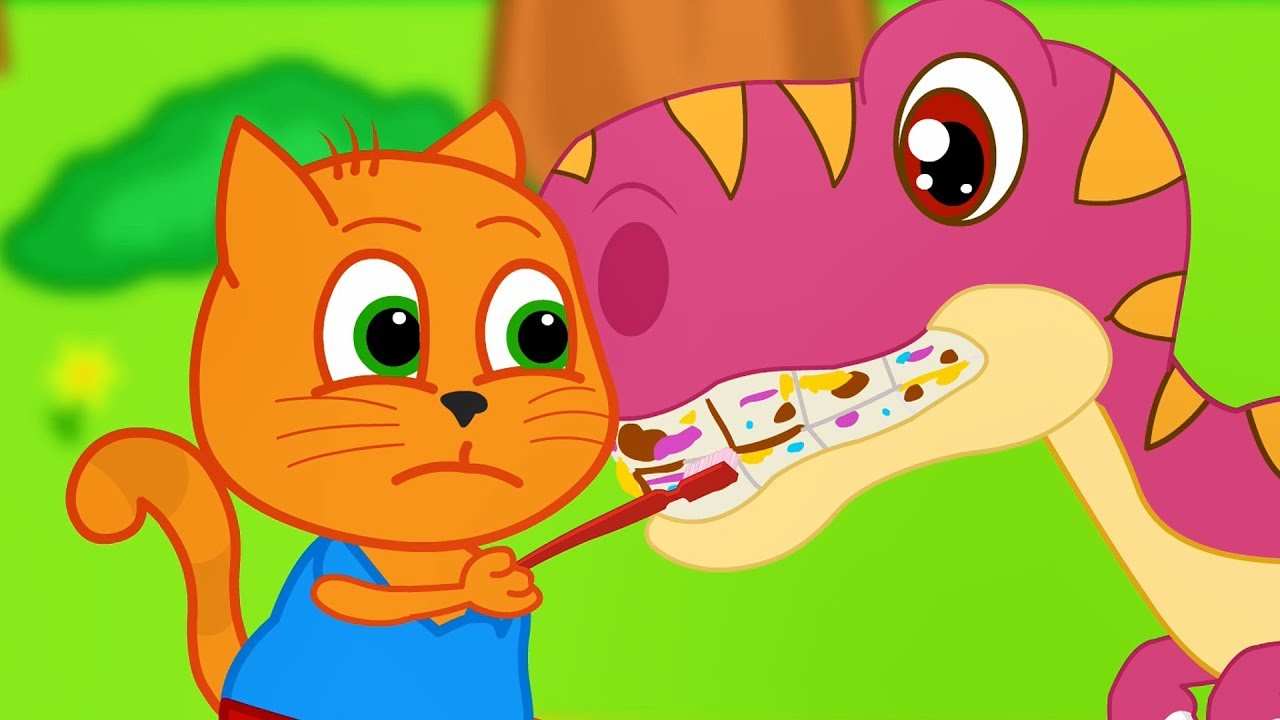 Cats Family in English - Dinosaur Toothbrush Cartoon for Kids - YouTube