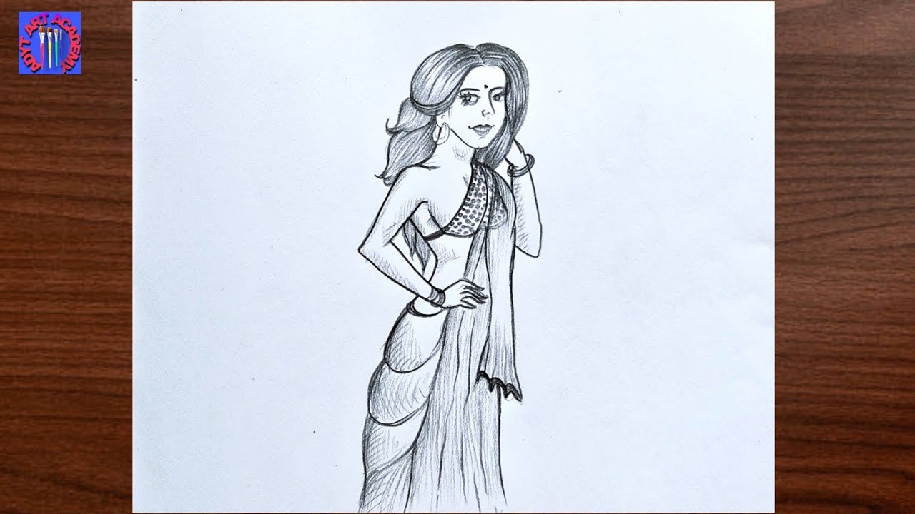 How to draw a girl with saree || traditional girl drawing || front side ...