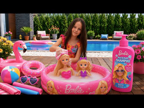 BARBİE KIZ EVCİLİK VİDEOLARI! ADA BAHÇEYE HAVUZ KURDU BEBEK YIKAMA OYUNU! KIZ EVCİLİK