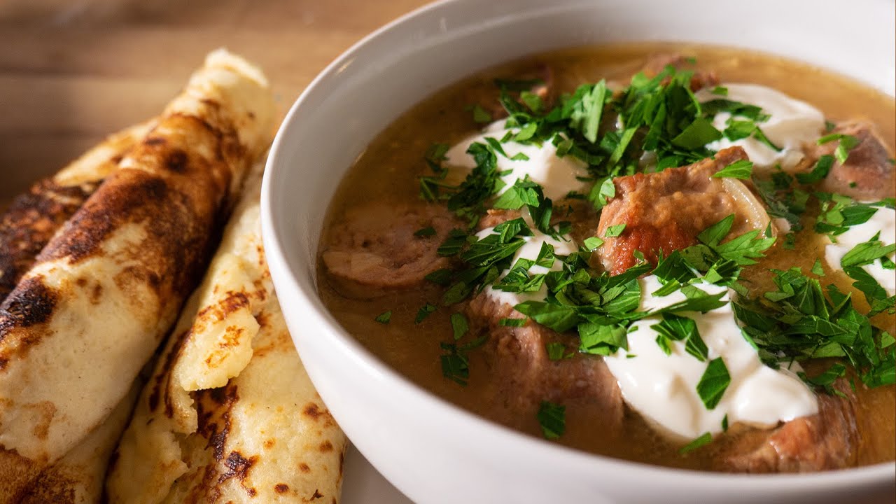 Machanka Recipe - Belarusian Pork Soup with Pancakes - рэцэпт мачанка ...