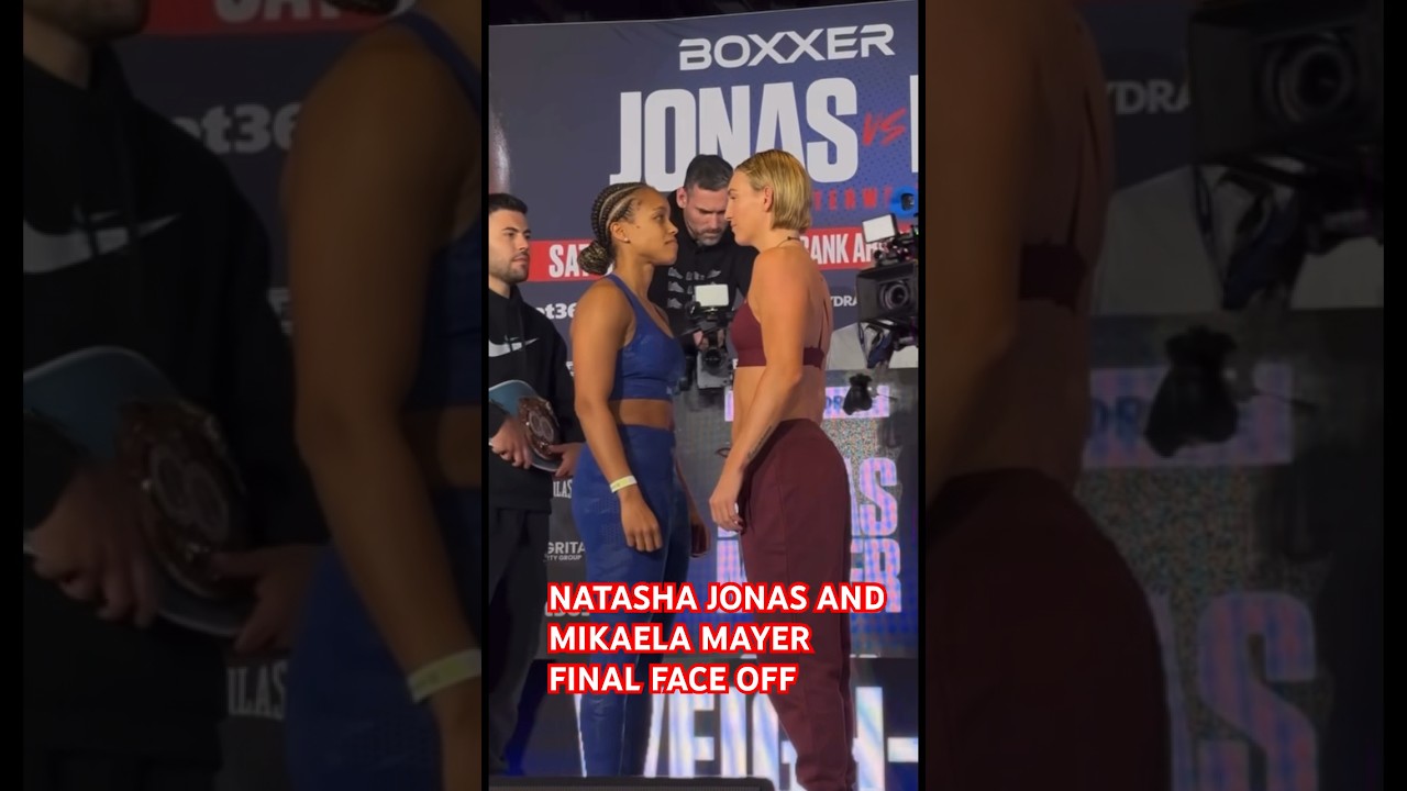 NATASHA JONAS AND MIKAELA MAYER FINAL FACE OFF AT WEIGH IN #jonasmayer ...