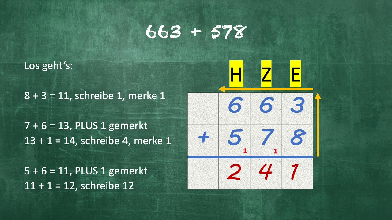 Schriftliche Addition Teil 2, mit Übertrag - YouTube